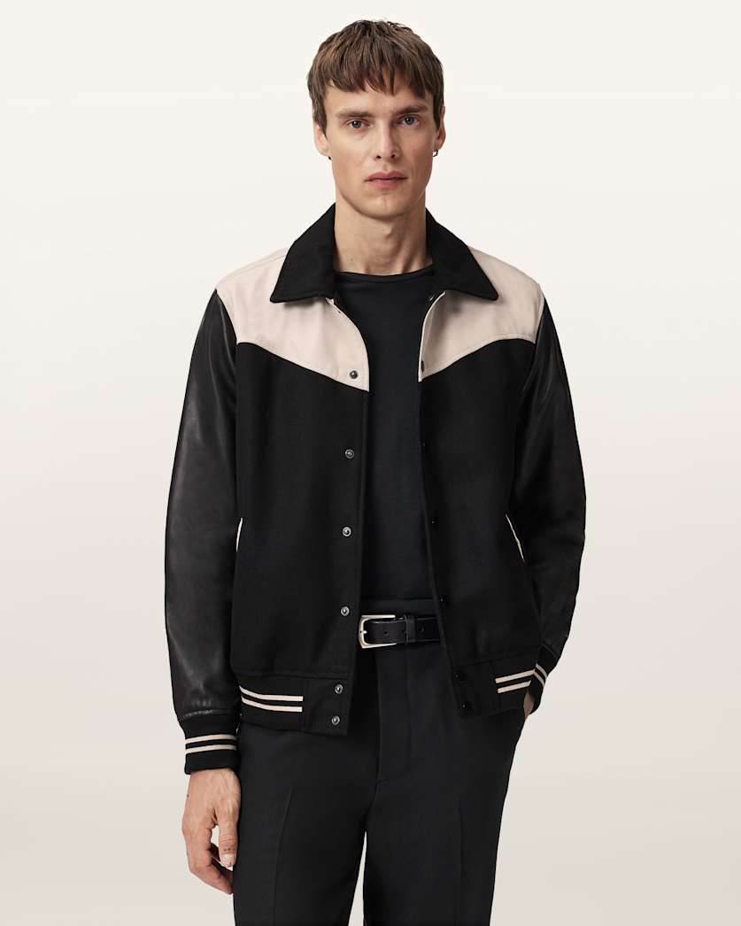Endleton Contrast Leather Bomber Jacket BLACK/ECRU WHITE | ALLSAINTS Canada